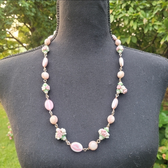 Vintage | Jewelry | Vintage West Germany Lucite Glass Floral Necklace Pink White Green Fruit ...